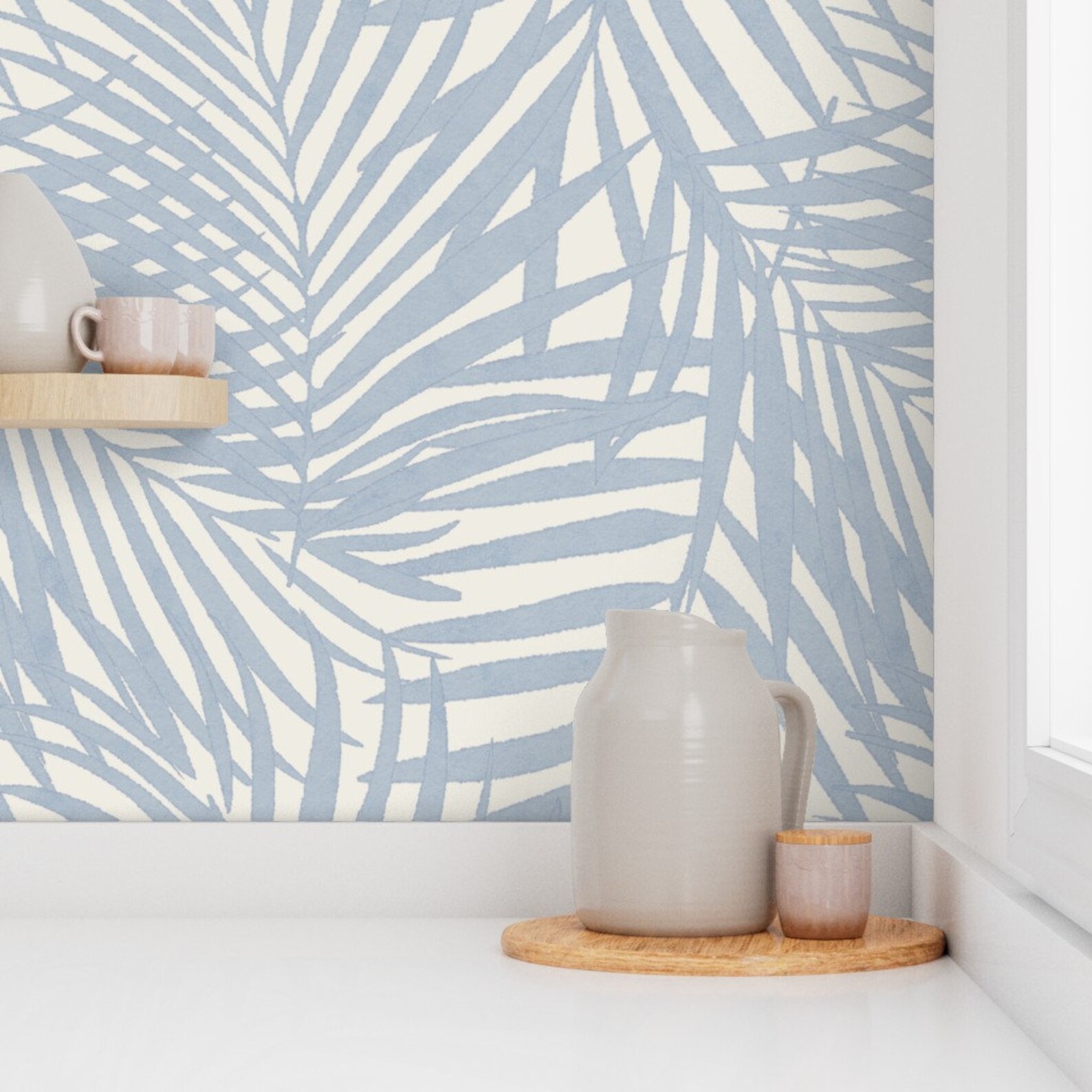 Palm Fronds Wallpaper Soft Blue on Cream Watercolor Fronds - Etsy
