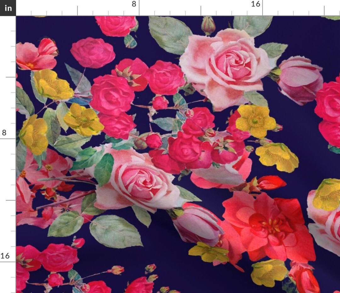 Navy Floral Fabric Antique Floral on Navy Large Print by Theartwerks ...