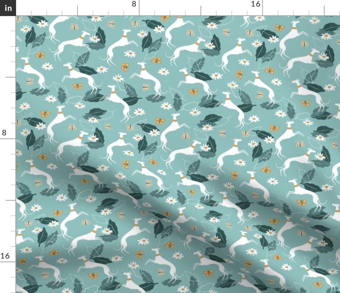 Greyhound Fabric Greyhound and Buttterfly by Lobitos Light Blue Green ...