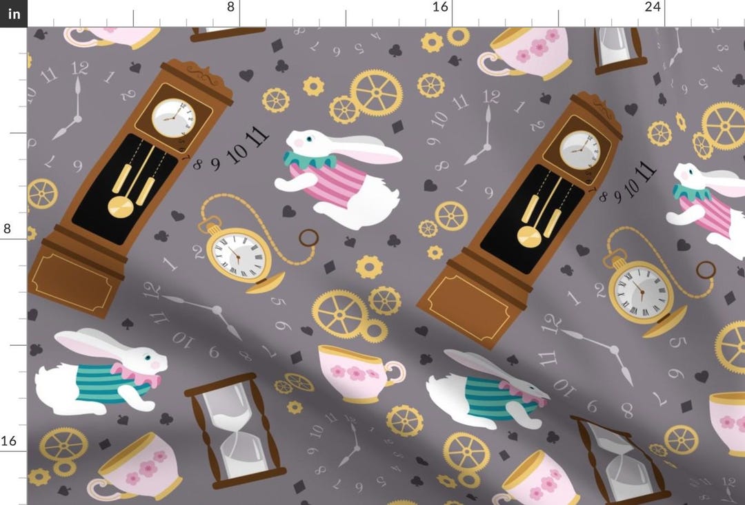 Clocks Fabric Late for the Party White Rabbit Teacups Literature Story ...