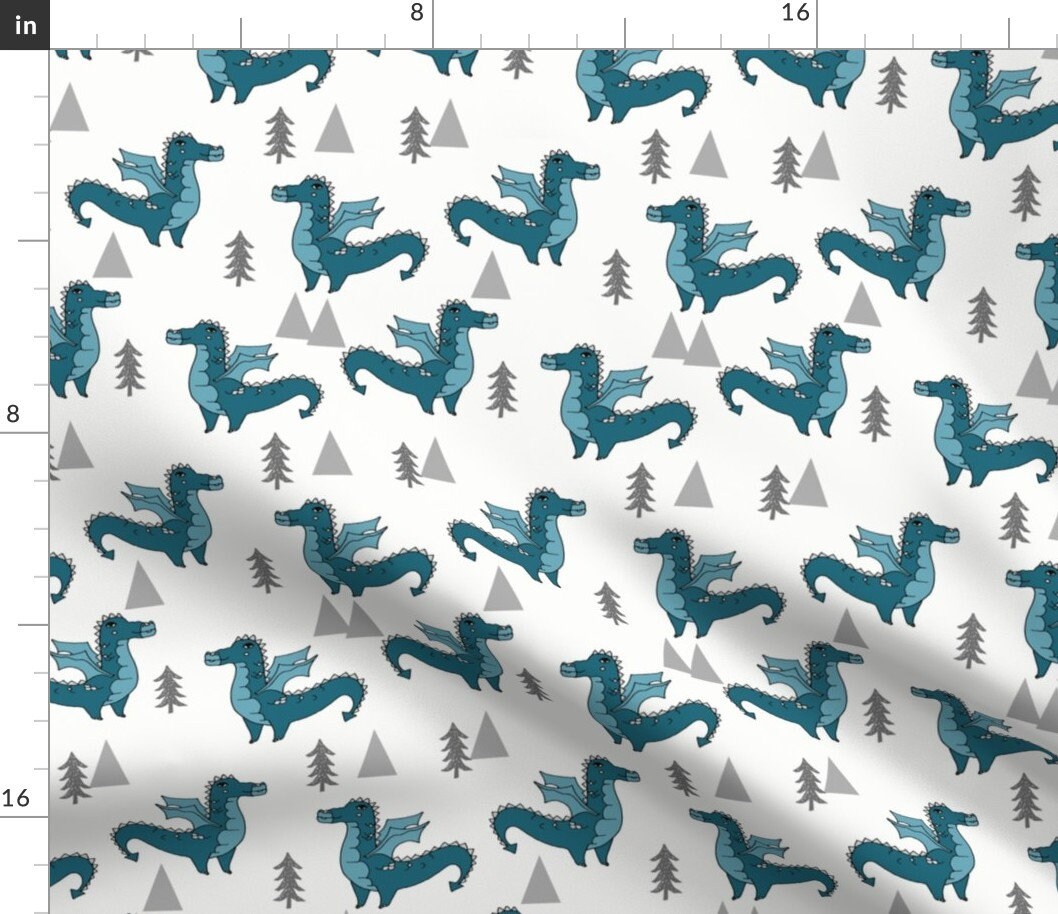 Dragon Fabric Dragon Fabric Quirky Kids Illustration Teal By | Etsy