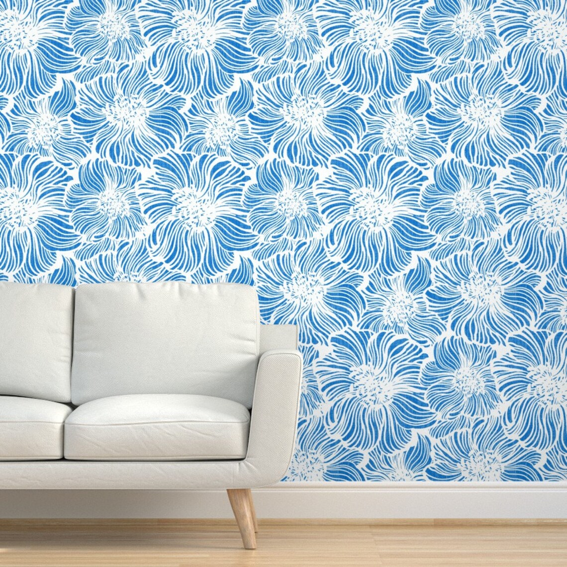 Floral Wallpaper Sunflower in Teal on Linen by Mpzstudio - Etsy