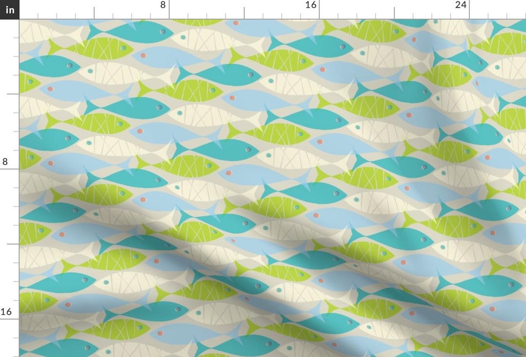 Mod Scandi School of Fish Fabric Green Fish Blue Fish by Studiojenny ...