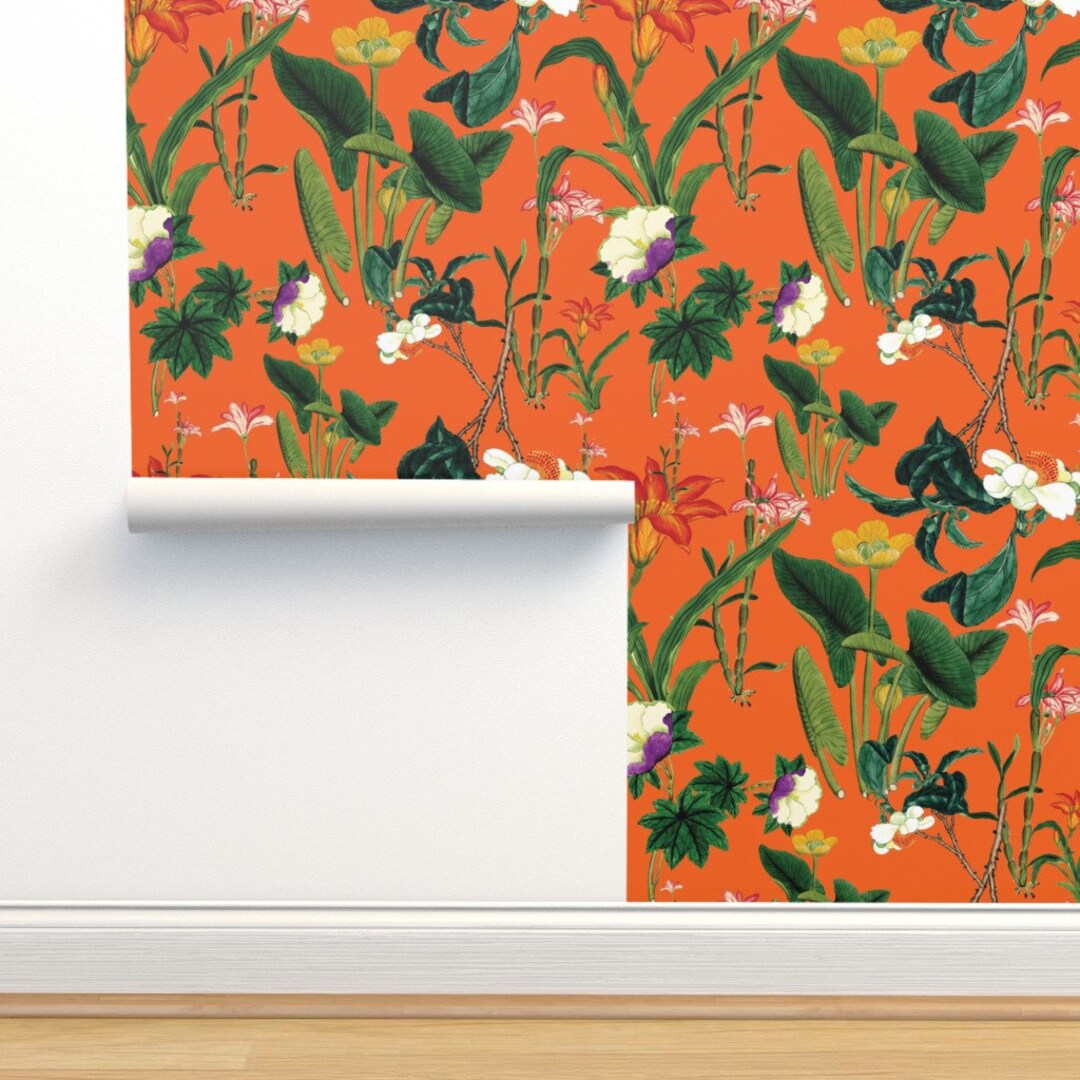 Floral Wallpaper Vintage Floral Orange by Bruxamagica - Etsy