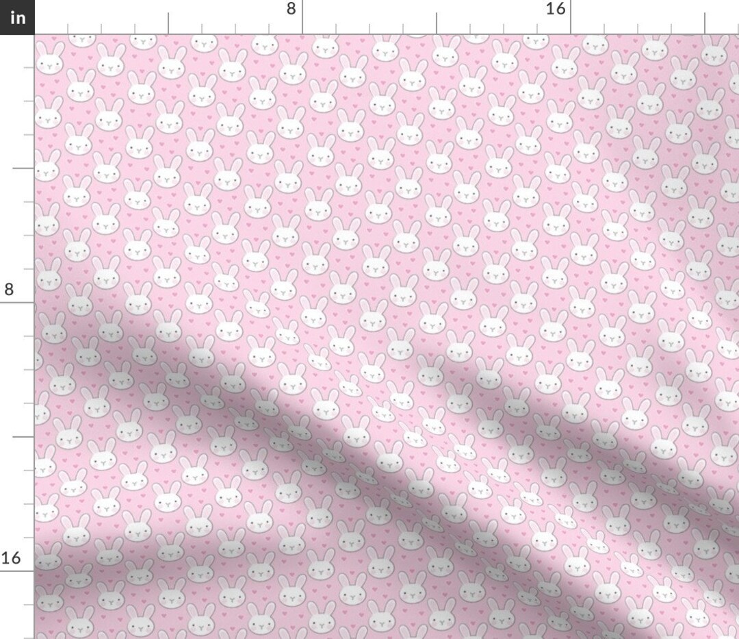 Bunny Fabric Pink White Easter Cute Small Bunny-faces And-hearts On ...