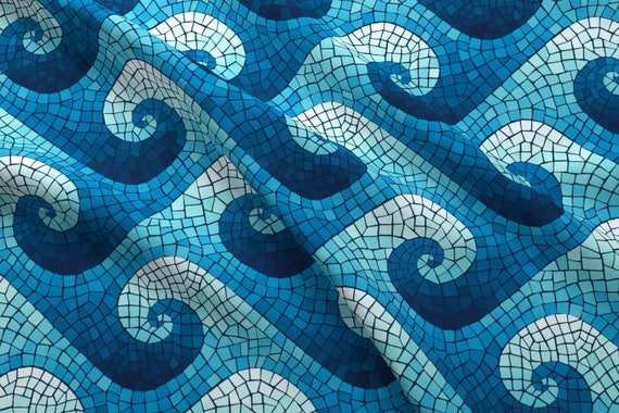Dark Blue Wave Mosaic Fabric Wave Mosaic Navy Blue Cyan | Etsy