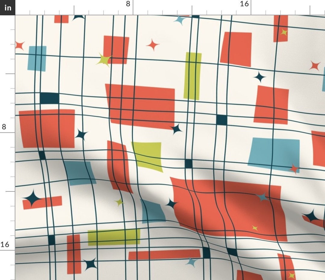 Abstract Fabric Mid-century Modern Grid Stars shrimp by Studiofibonacci ...