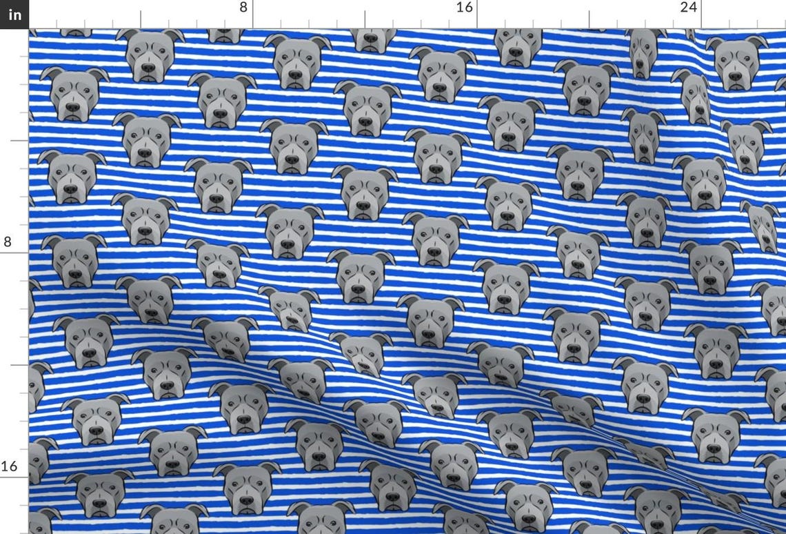 Pitbull Fabric - Grey Pit Bull on Stripes Blue by Littlearrowdesign ...
