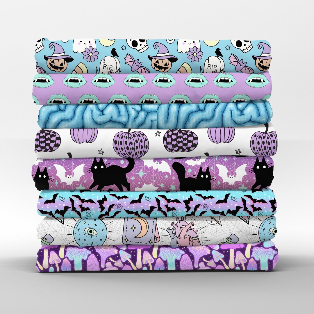 Halloween Cotton Fat Quarters - Pastel Purple Mushrooms Cats Ghost ...