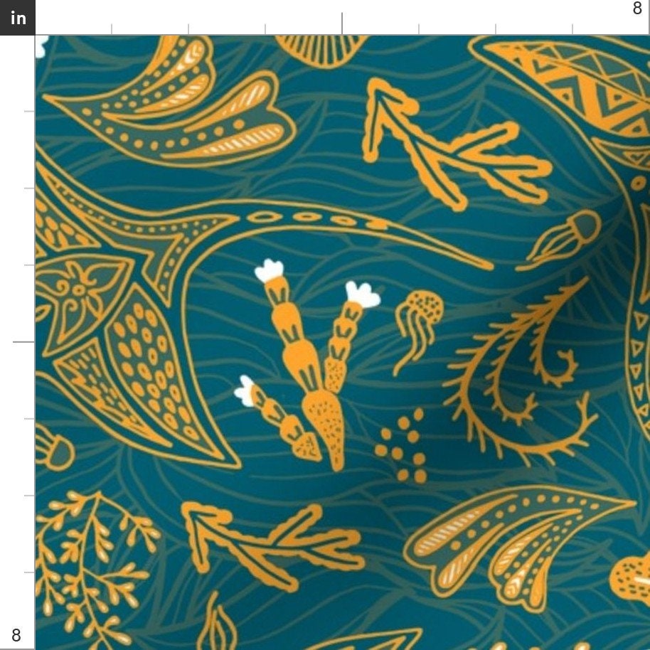 Yellow Stingray Fabric Ocean in Lagoon and Saffron by - Etsy
