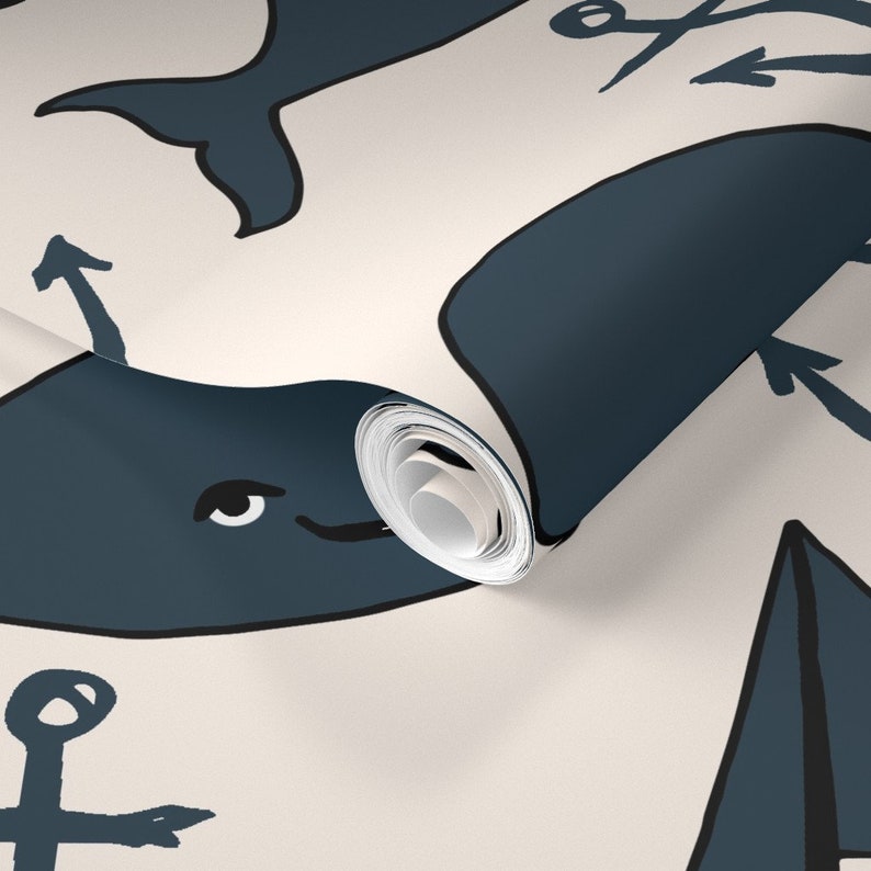 Nautical Whales Wallpaper Dark Navy Blue and Cream by Andrea - Etsy
