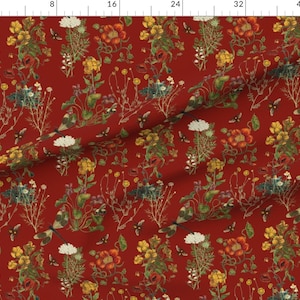 Vintage Botanical Fabric Red Floral by Wondrousstrangedesigns Dark Red ...