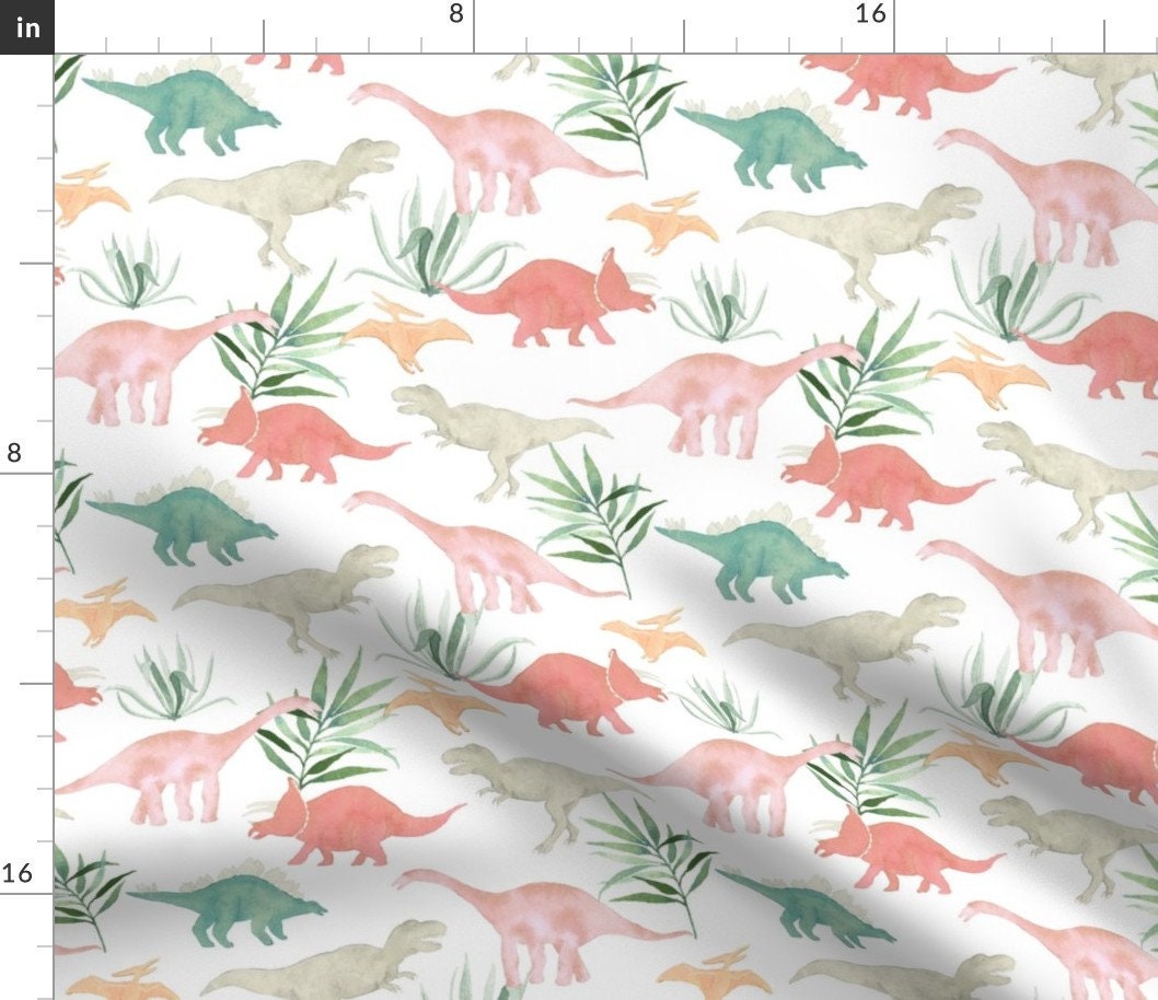 Dinosaur Fabric Pretty Dinos By Mintpeony Pink And Green | Etsy