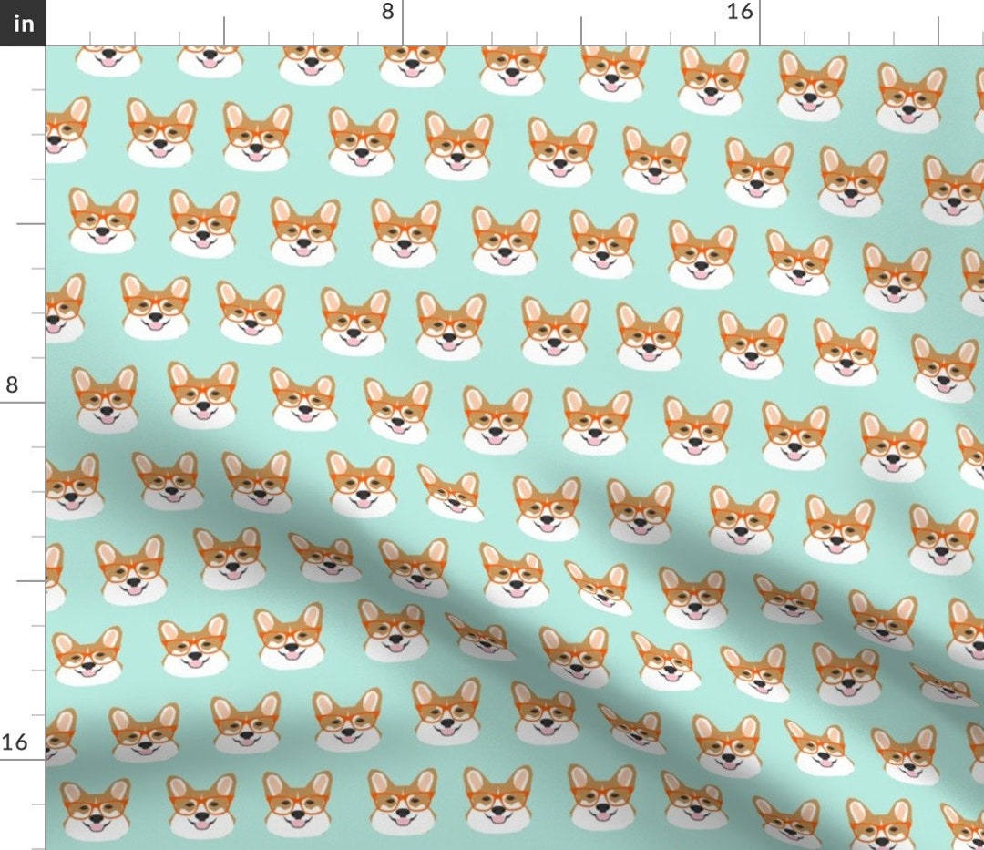 Corgi Fabric Corgi Glasses Mint and Orange Nerd Corgi Glasses Fabric by ...