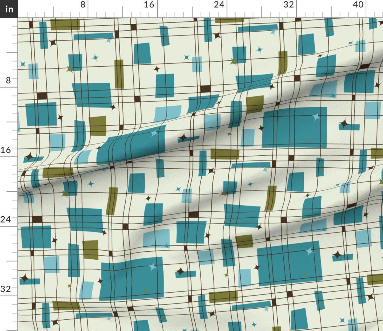 50s Fabric Mid-century Modern Grid Stars teal by - Etsy