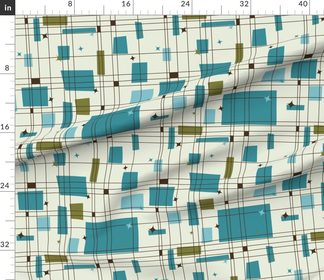 50s Fabric Mid-century Modern Grid Stars teal by - Etsy