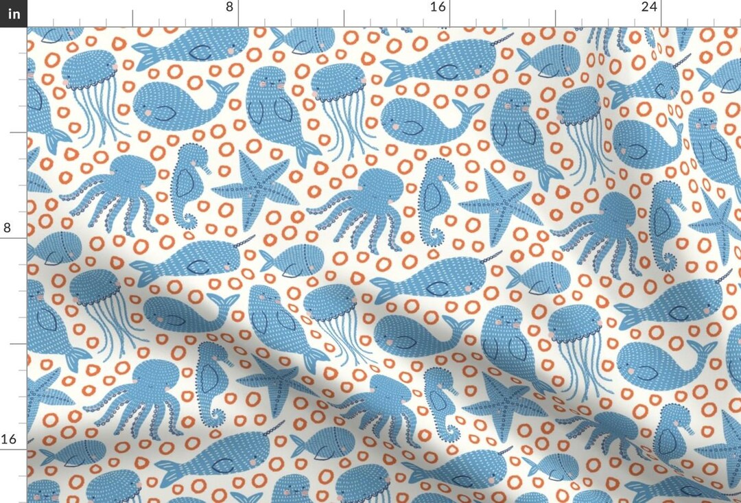Blue Nautical Fabric - Swim Party // Ocean Animals // Narwhal // Whale ...