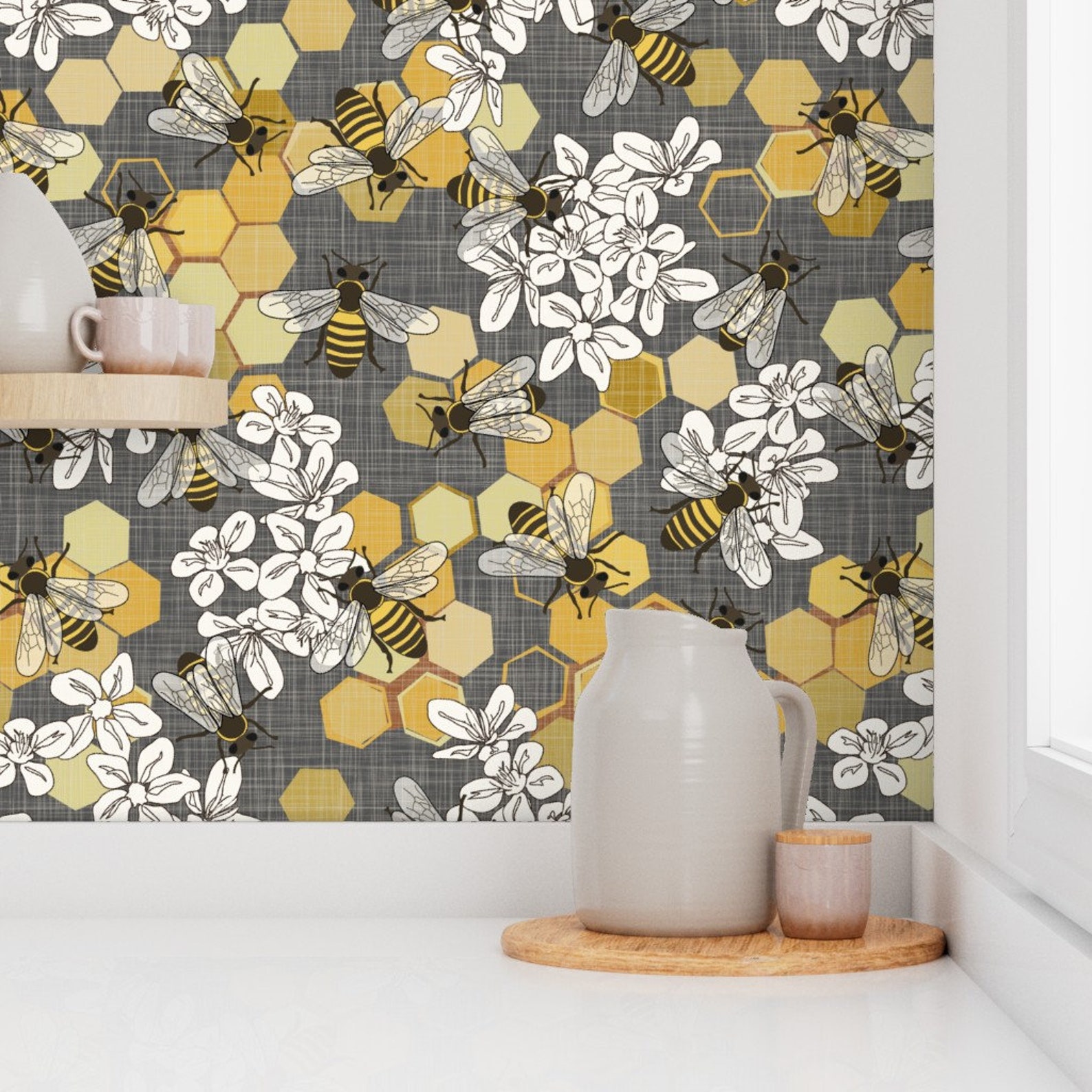 Honey Bees Wallpaper Honey Bees by Fernlesliestudio Gray - Etsy