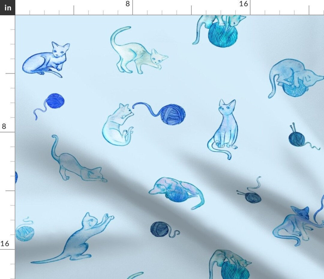 Blue Cats Fabric A Kitten Knittin by Landfish Watercolor Kitten Kitty ...