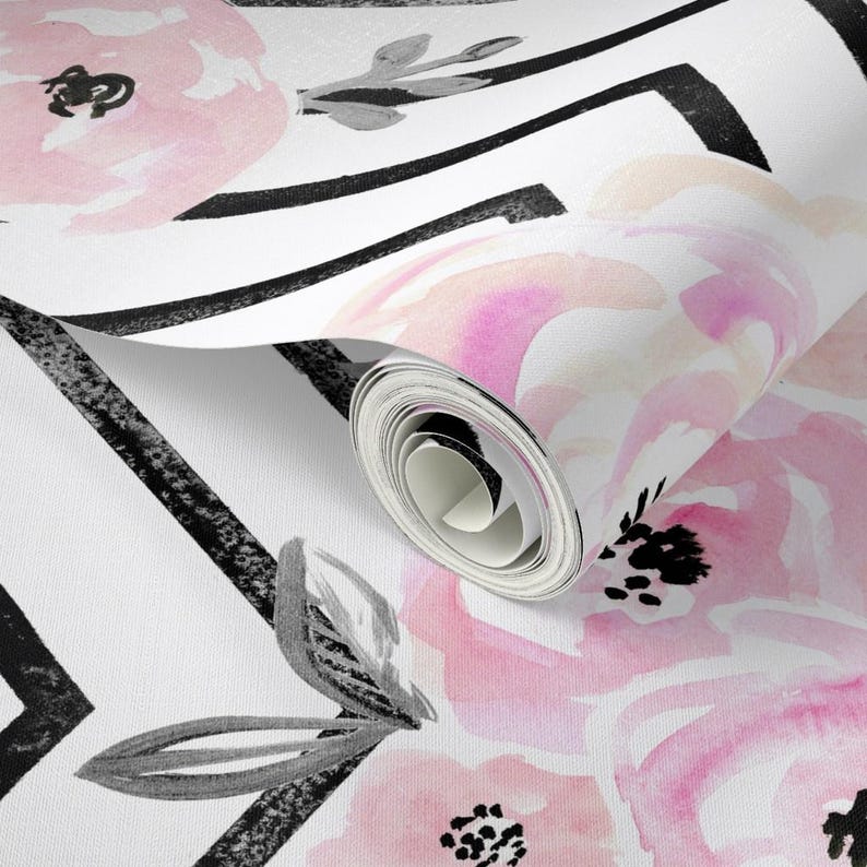 Boho Removable Peel and Stick Wallpaper - Geometric Floral Pink Black ...