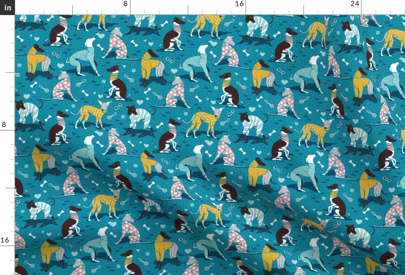 Blue Greyhound Fabric - Greyhounds Dogwalk // Small Scale // Turquoise ...