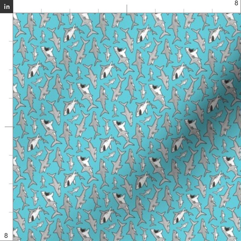 Sharks Fabric Rotated Sharks Shark Grey on Aqua Blue Tiny | Etsy