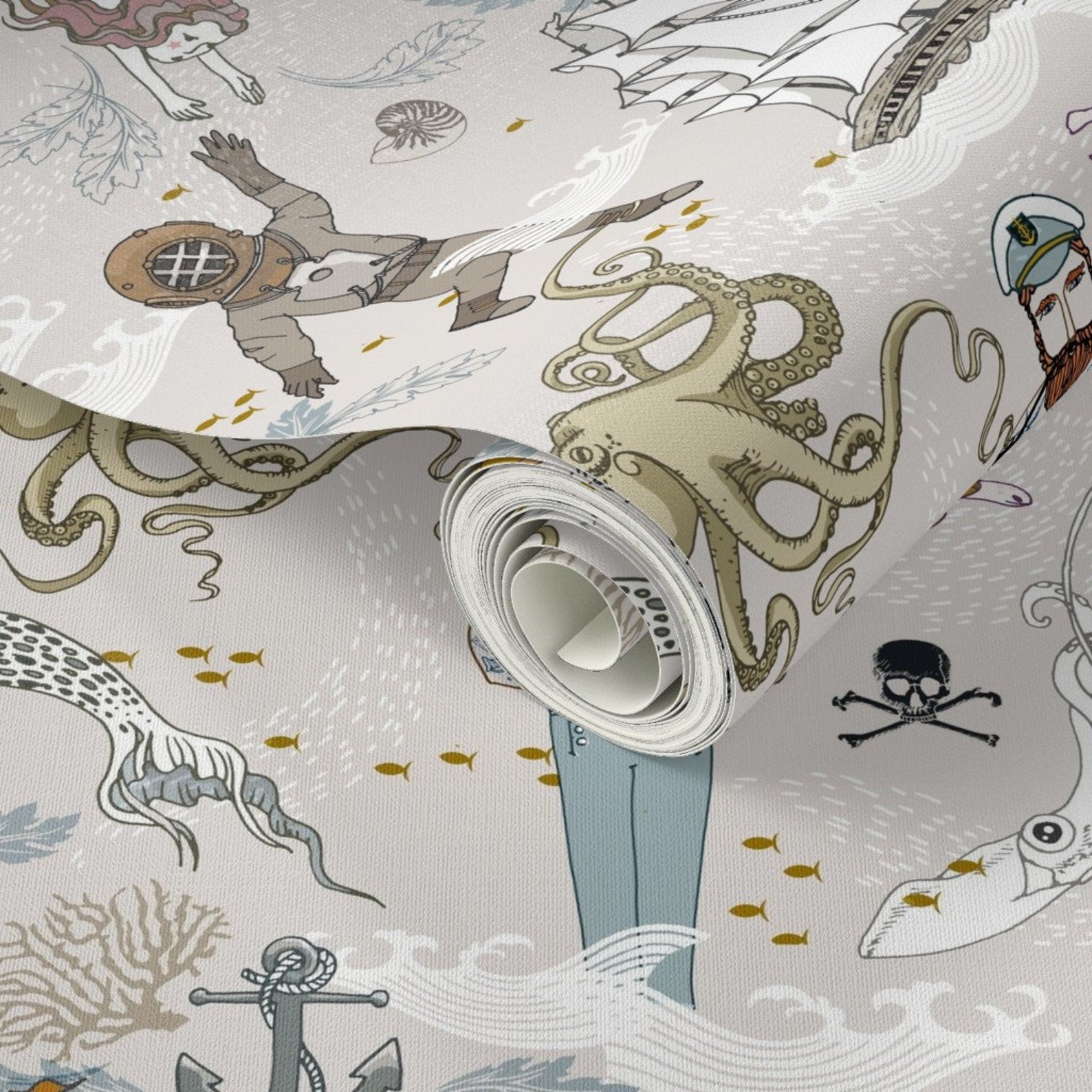 Nautical Wallpaper Cephalopods Old Sea Dogs by Nouveau - Etsy
