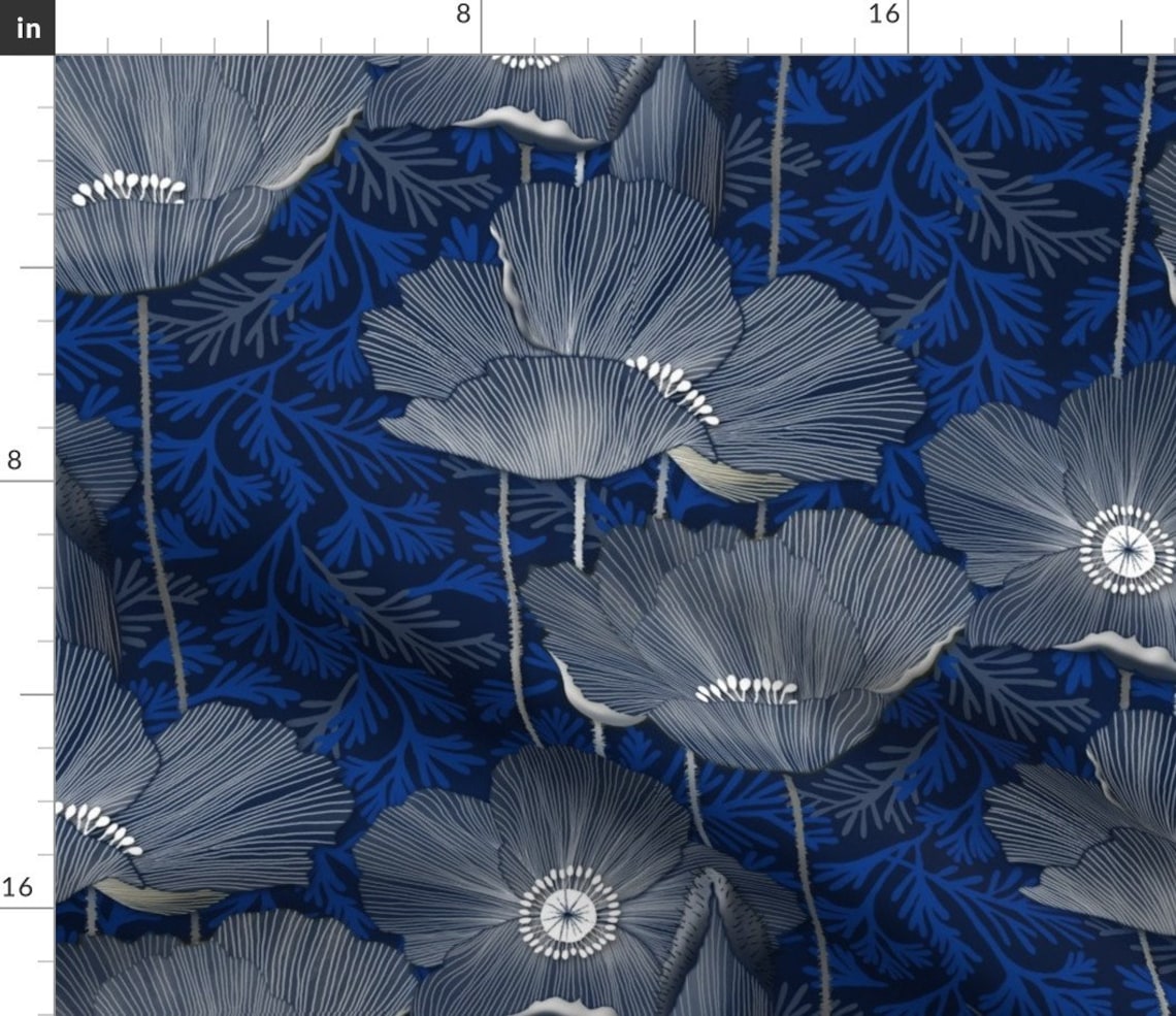 Blue Floral Print Leaves Fabric Blue Poppy by J9design - Etsy
