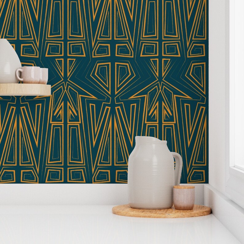 Tribal Wallpaper Five Tribes by Freethebold Teal Yellow - Etsy
