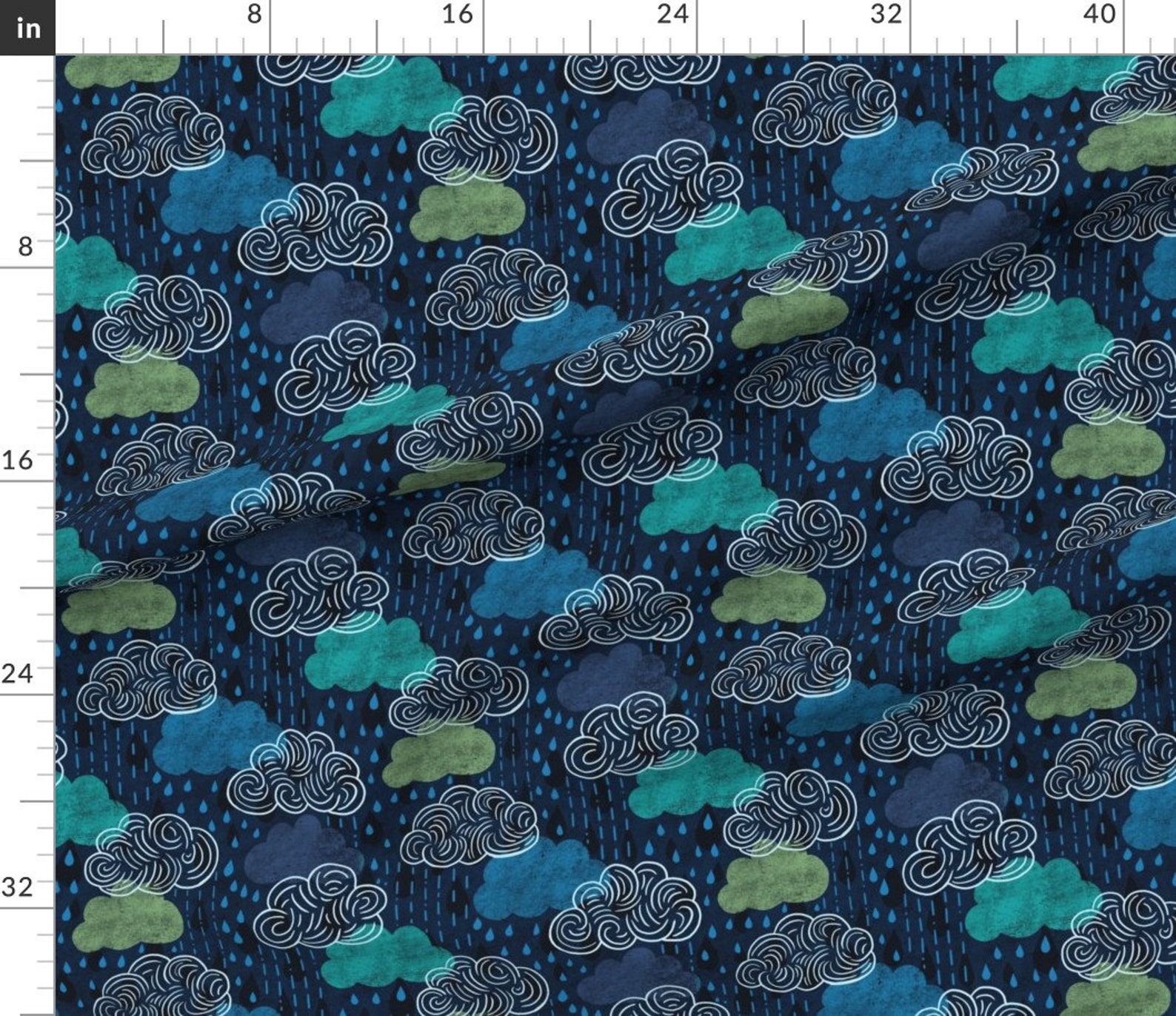 Rain Fabric Rainy Day Clouds By Creativeinchi Rain Blue - Etsy France