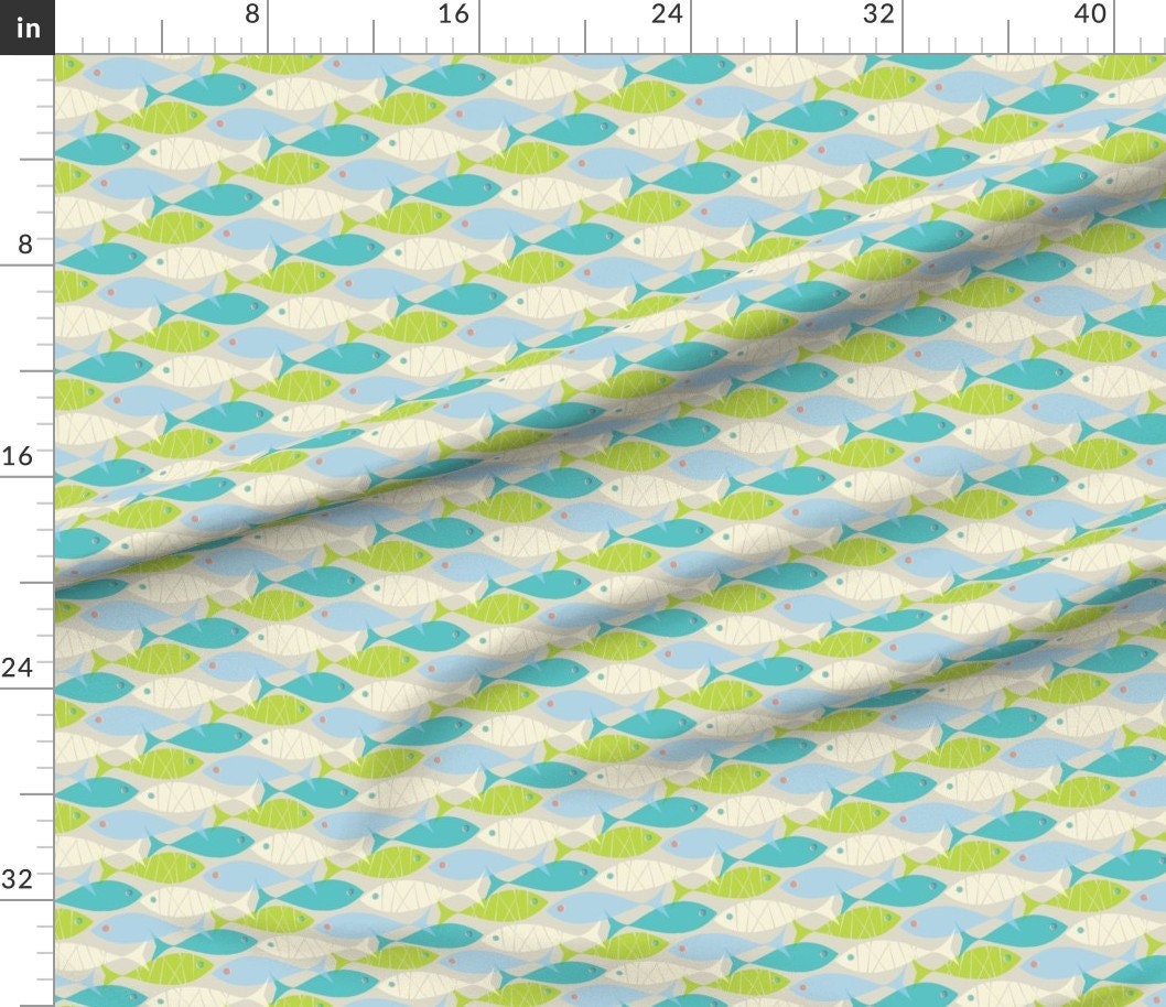 Mod Scandi School of Fish Fabric Green Fish Blue Fish by - Etsy