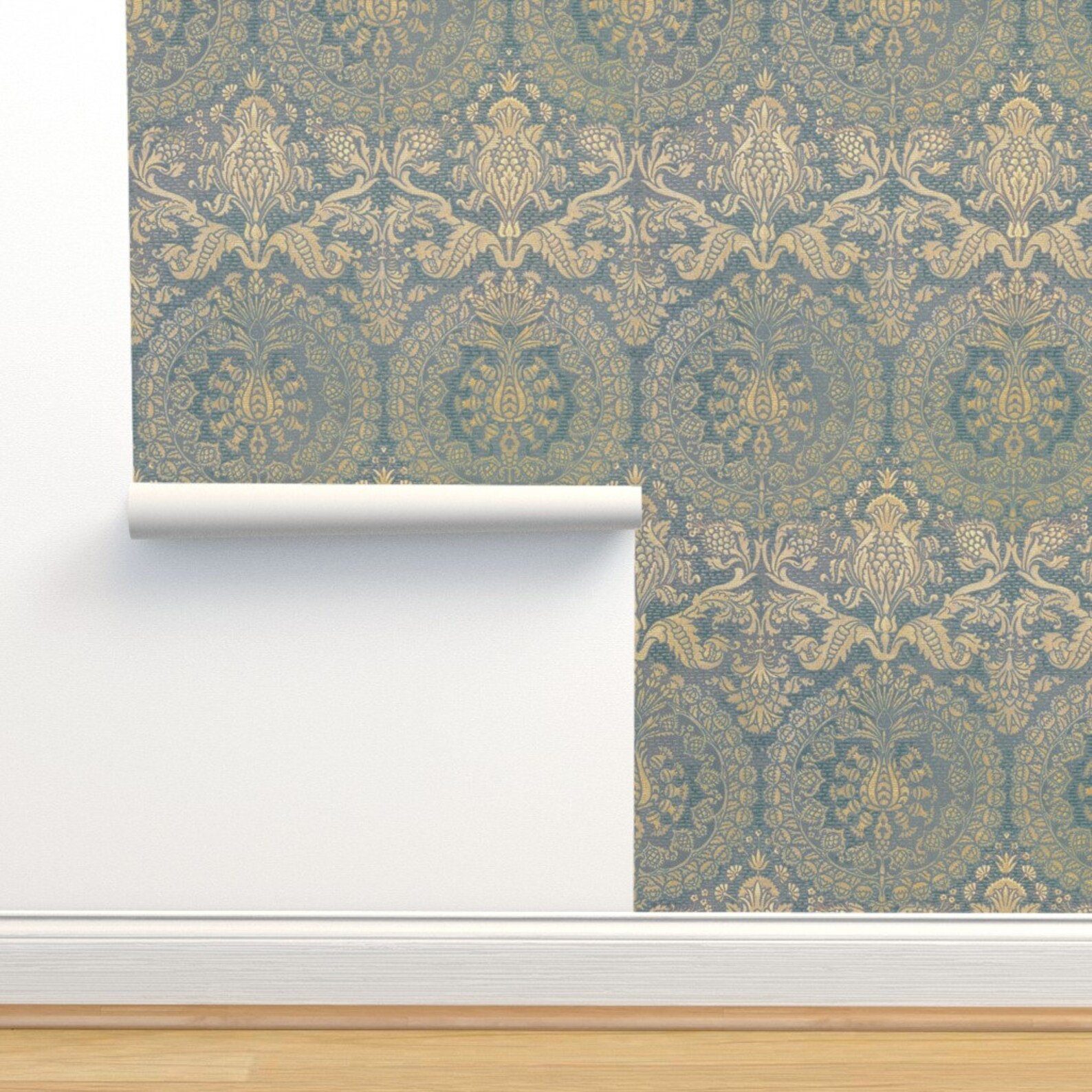 Damask Wallpaper Provencal Blue and Gold Large by - Etsy
