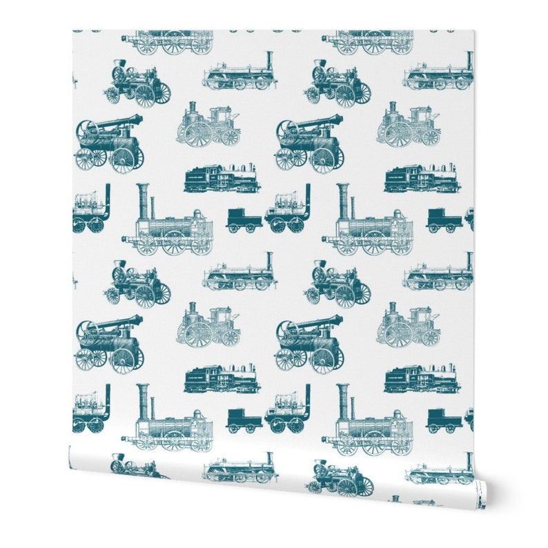 Train Wallpaper Antique Engines Aquamarine Large by - Etsy