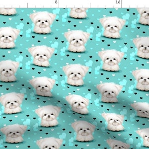 Maltese Fabric Maltese Aqua Blue And Hearts By Catialee | Etsy
