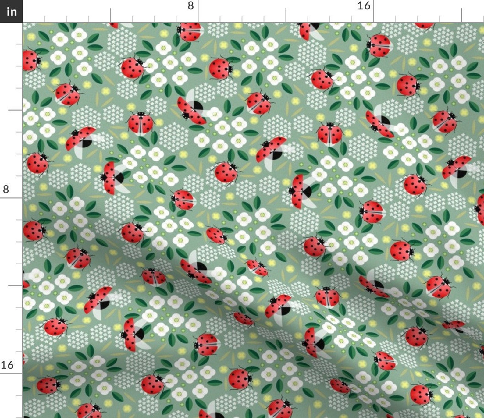 Ladybugs Fabric Ladybugs and Flowers by Heleenvanbuul Sage - Etsy