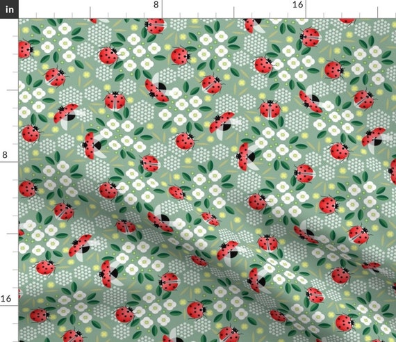 Ladybugs Fabric Ladybugs and Flowers by Heleenvanbuul Sage - Etsy