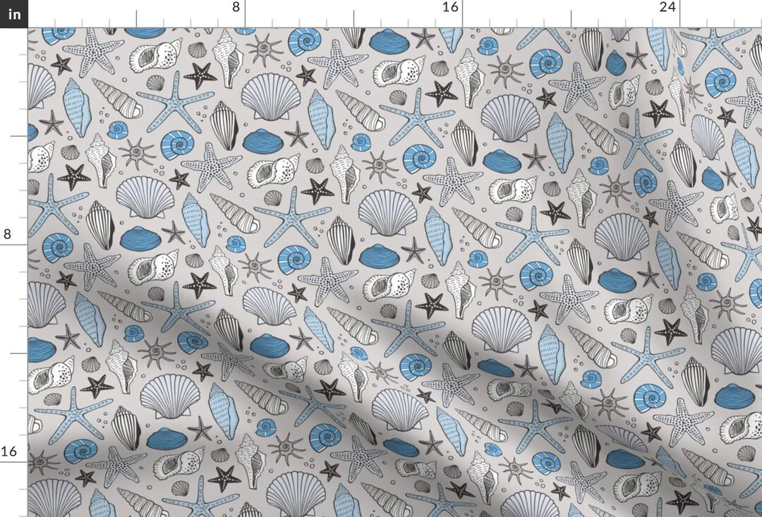 Shell Fabric - Seashells Nautical Ocean Shells Blue on Grey by Caja ...