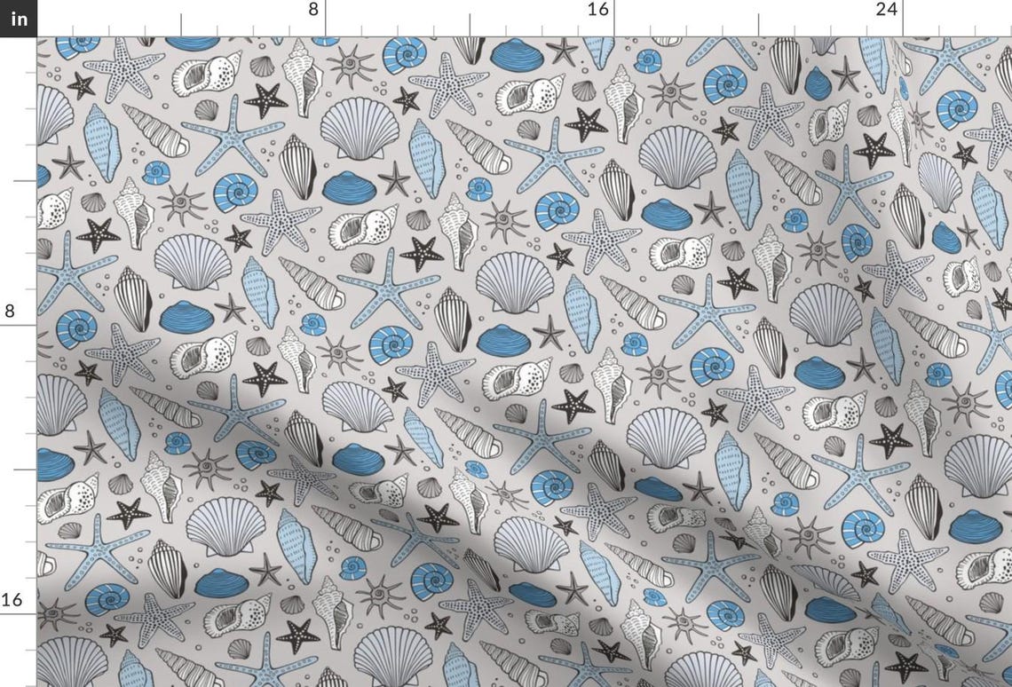 Shell Fabric - Seashells Nautical Ocean Shells Blue on Grey by Caja ...