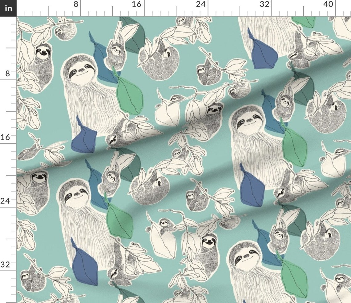 Sloths Fabric Large Scale Sloths on Turquoise by - Etsy