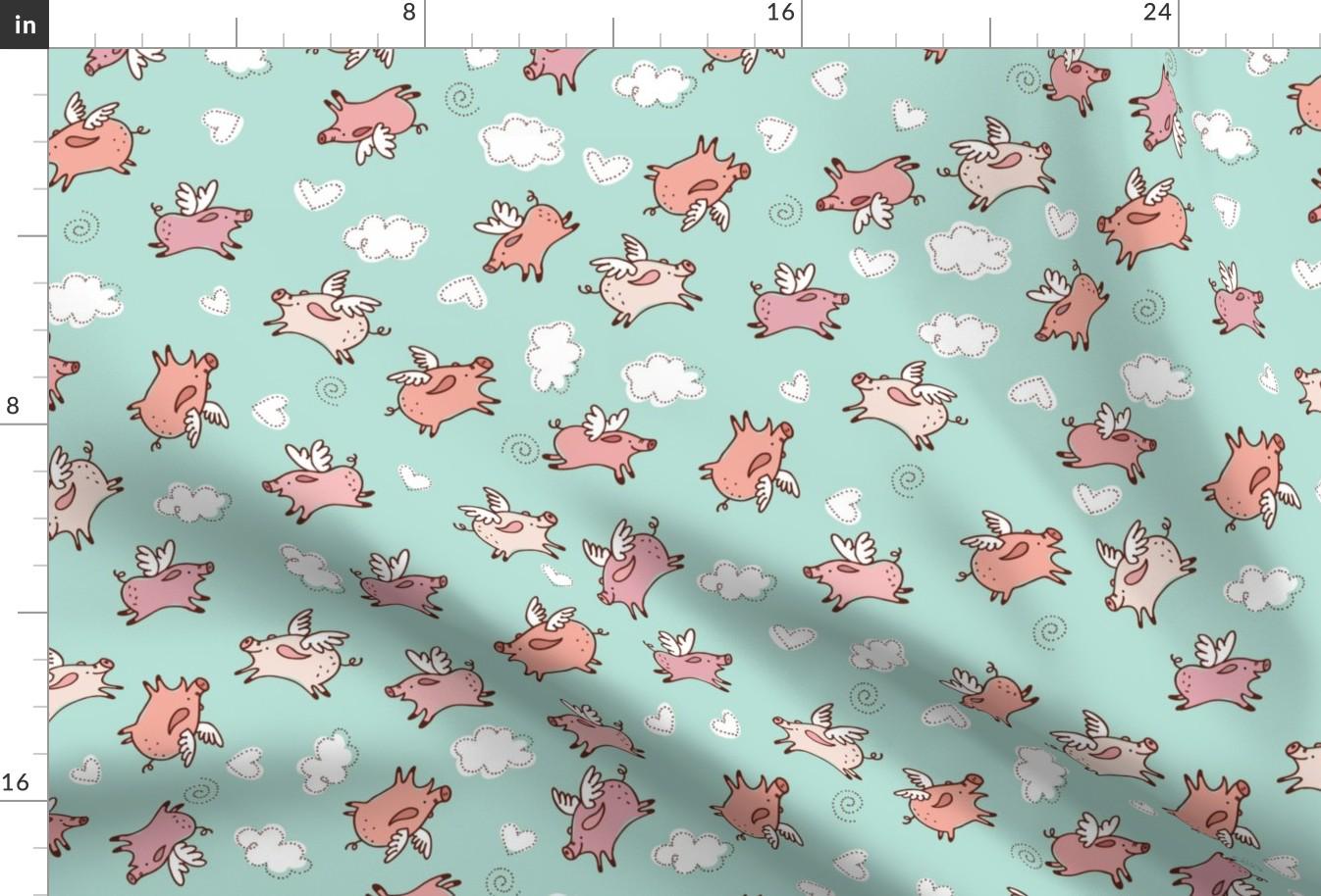 Flying Pigs Fabric - When Pigs Fly by Cynthiafrenette - Mint Modern ...