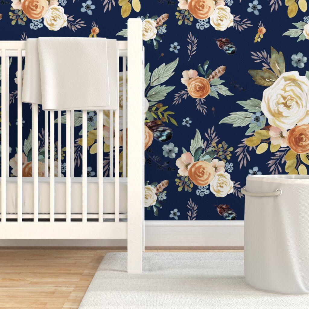 Floral Wallpaper 8 Western Autumn More Florals Navy by | Etsy