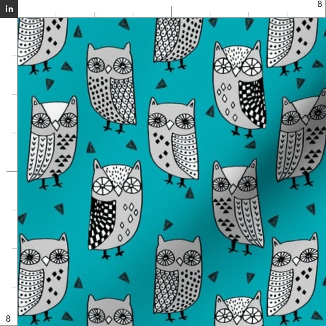 Owls Fabric Owl Turquoise Teal and Grey Illustration by - Etsy