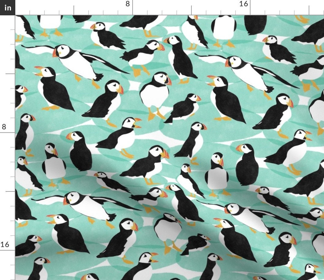 Puffins Blue Birds Fabric Fluffy Puffins by Natalievmason - Etsy