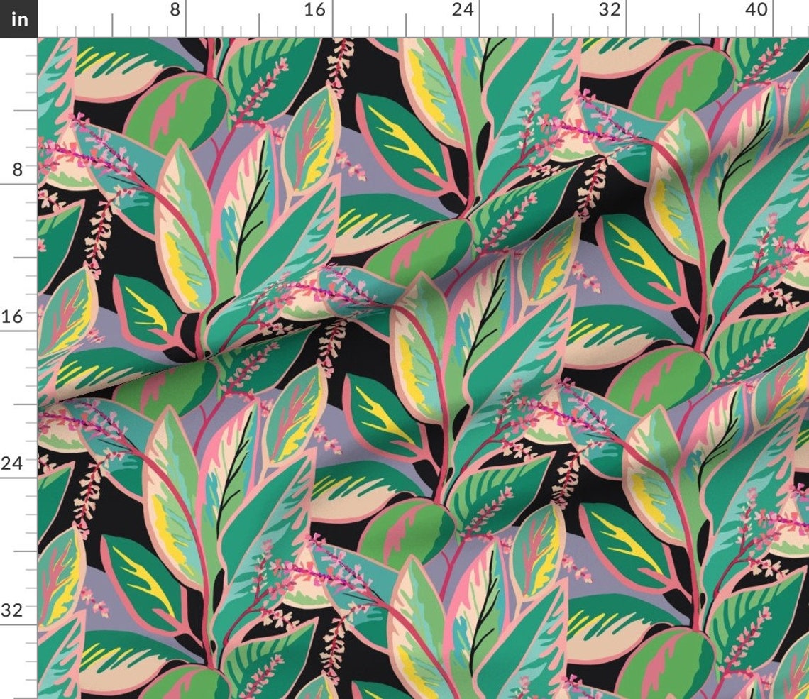 Pink and Aqua Retro Tropical Floral Fabric Tropical T-leaf | Etsy