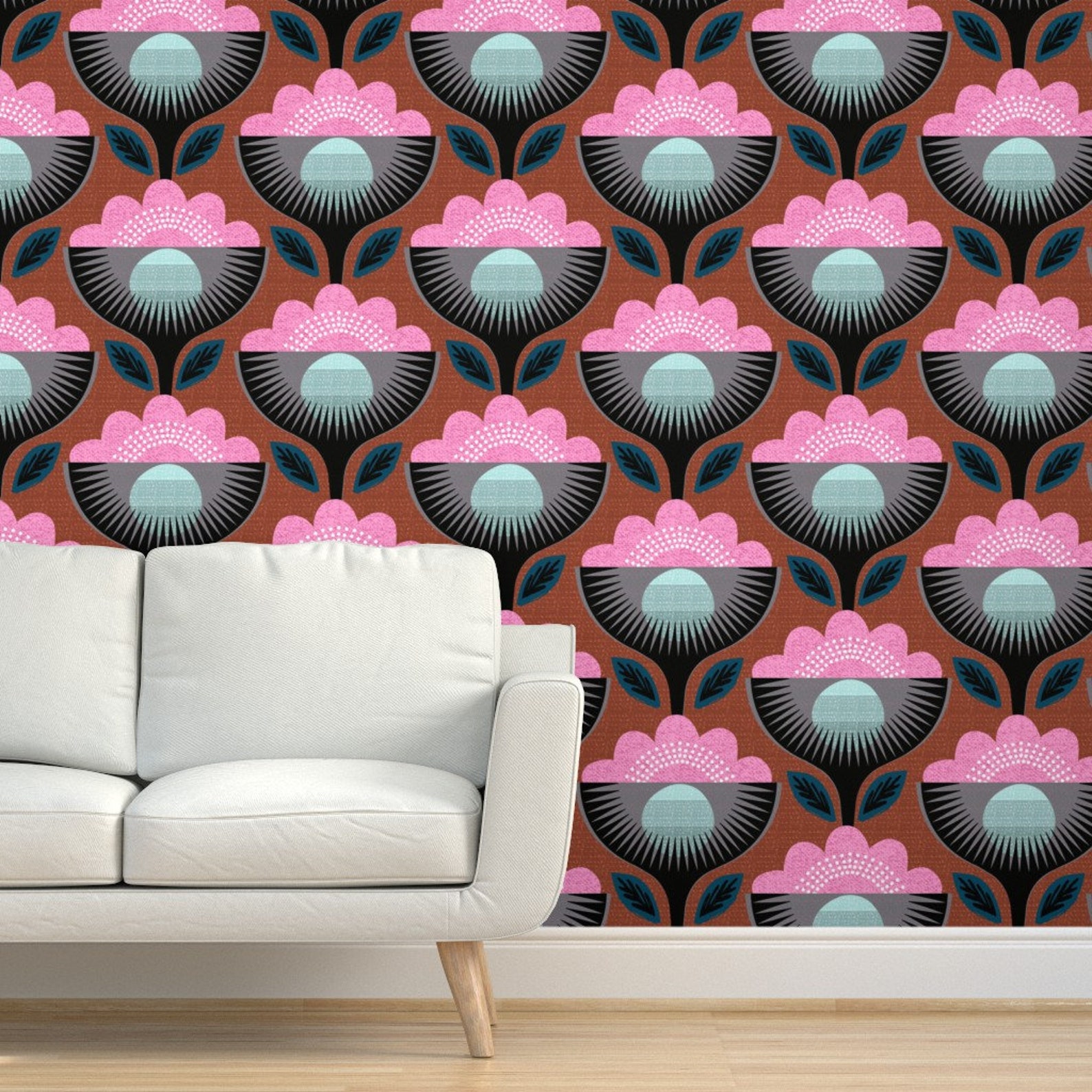 Mod Flowers Wallpaper Mod Deco Flower by Ottomanbrim Rust - Etsy