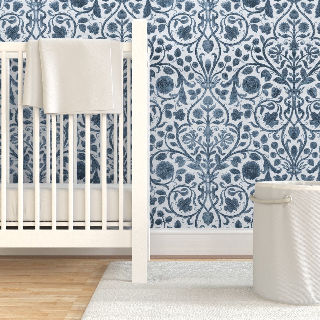 Blue Damask Wallpaper Provence Blue White by - Etsy