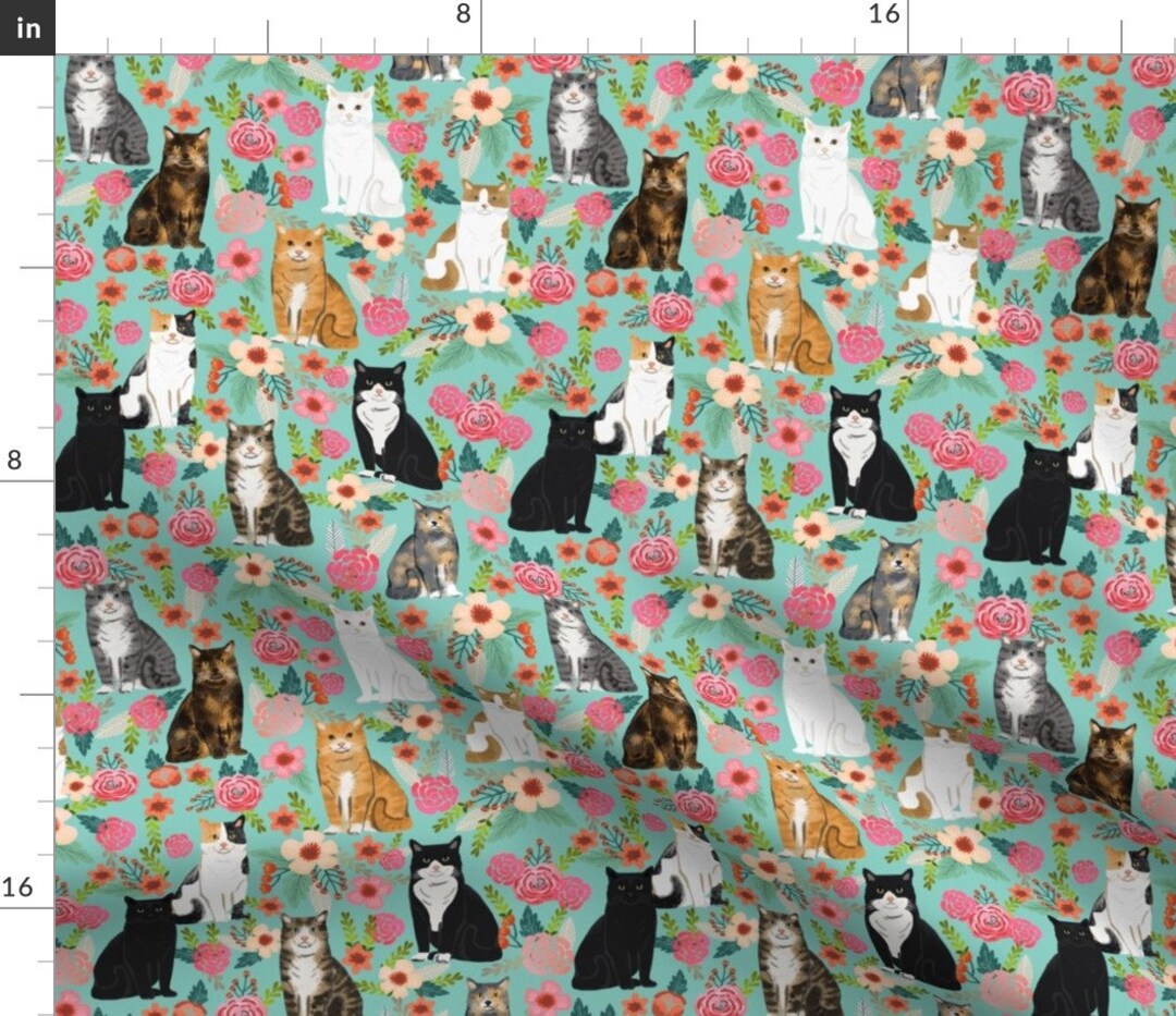 Cat Fabric Cat Florals Mixed Breeds Pet Fabrics Mint by Petfriendly Cat ...