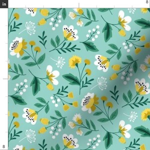 Spring Flowers Fabric Colorful Spring Flowers Yellow on Mint - Etsy
