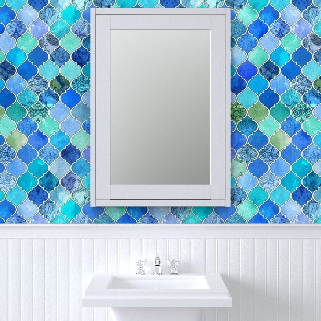 Moroccan Wallpaper Cobalt Blue and Aqua Decorative Tiles by | Etsy