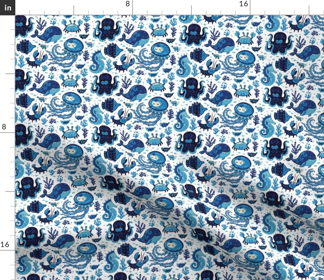 Blue and White Nautical Fabric Ocean Life by Penguinhouse - Etsy